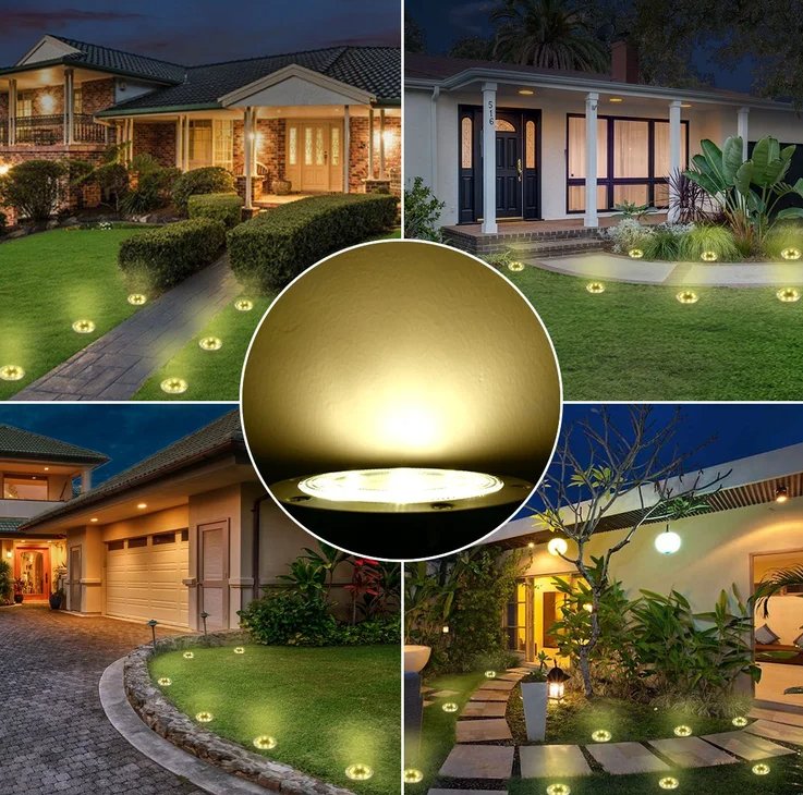 Set of 4 Round Solar Powered Garden LED Lights for Ground Pathway with ...
